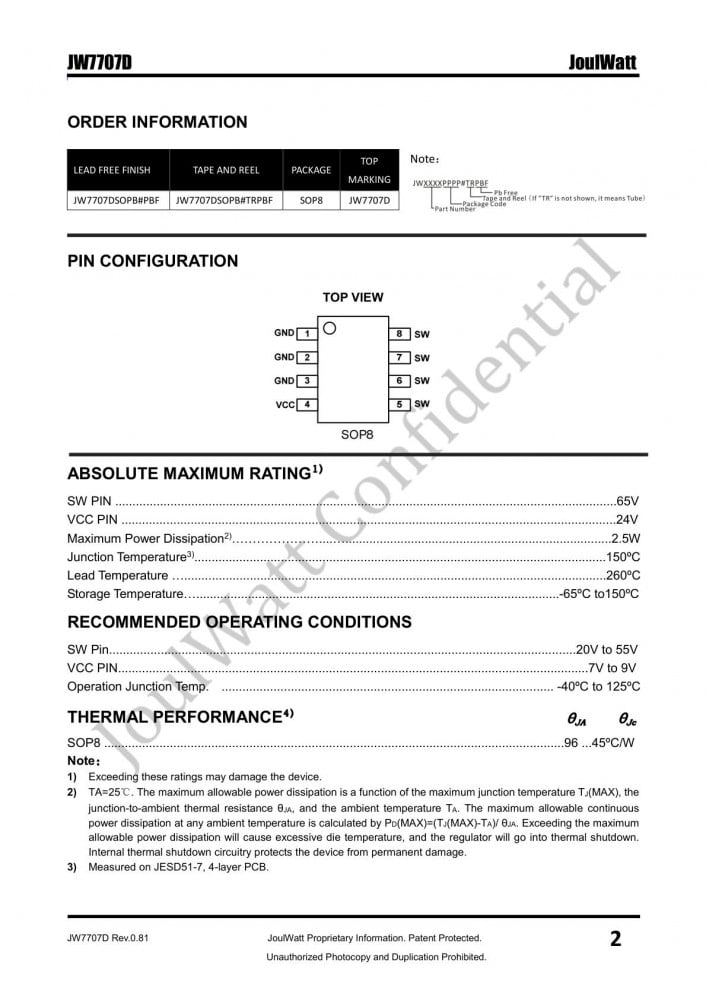 JW7707D datasheet page 2