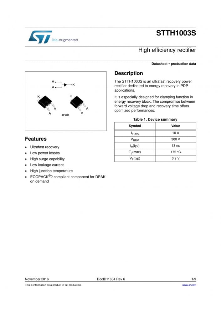 STTH1003SB-TR datasheet page 1