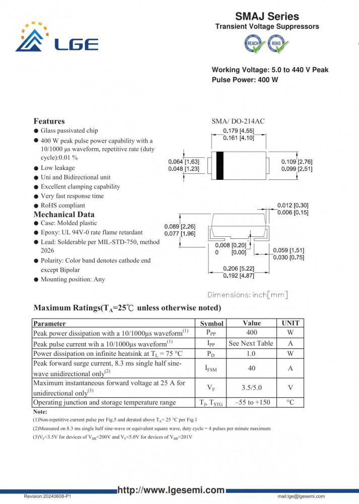 LGE SMAJ series datasheet page 1