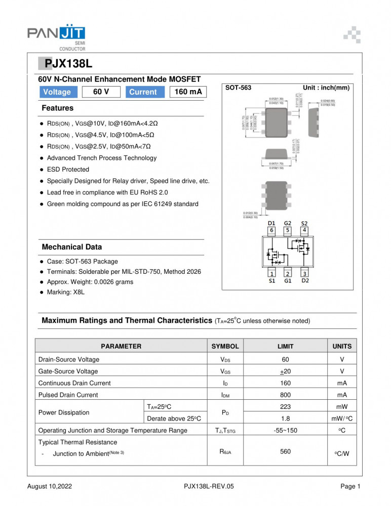 PJX138L datasheet page 1