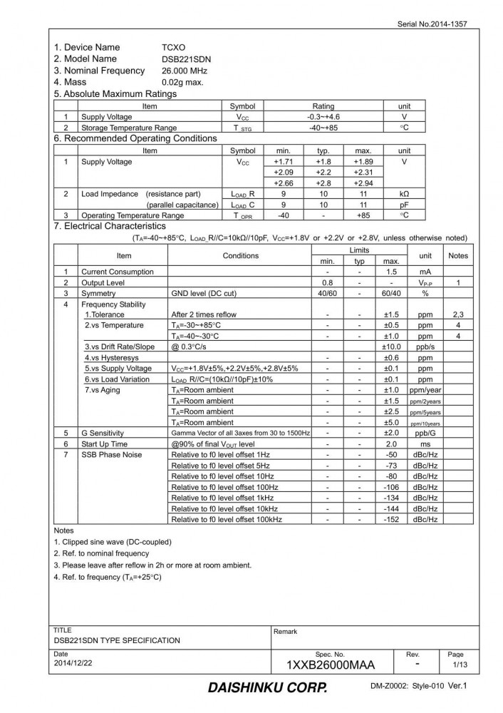 KDS 1XXB26000MAA specification page 2