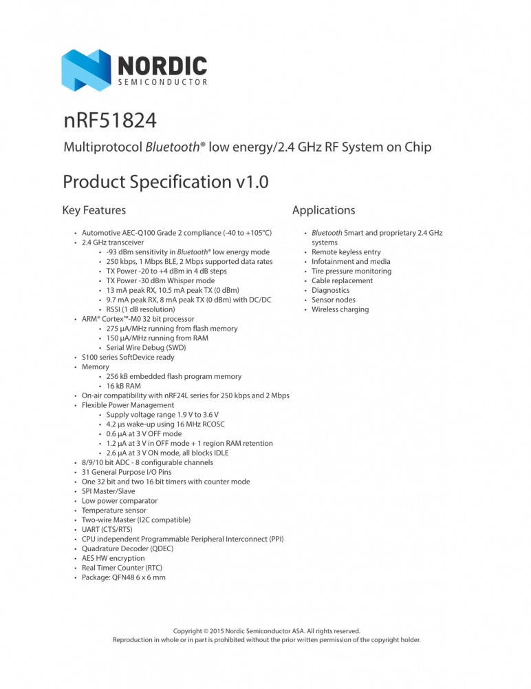 NRF51824 datasheet page 1