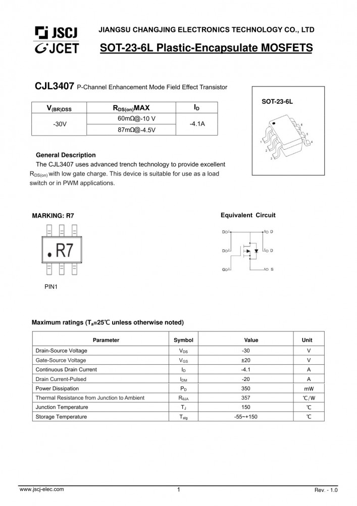 CJL3407 datasheet page 1
