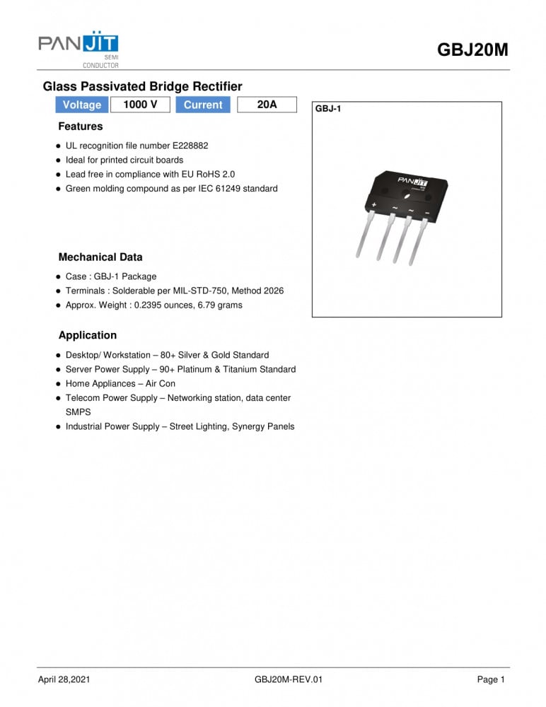 PANJIT GBJ20M datasheet page 1