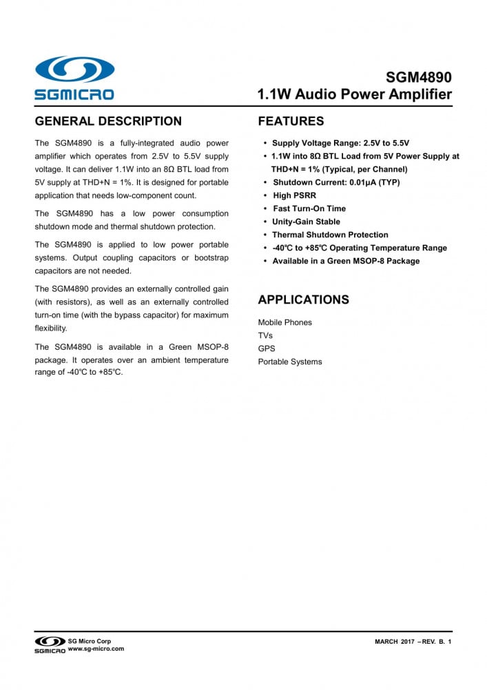 SGM4890 datasheet page 1