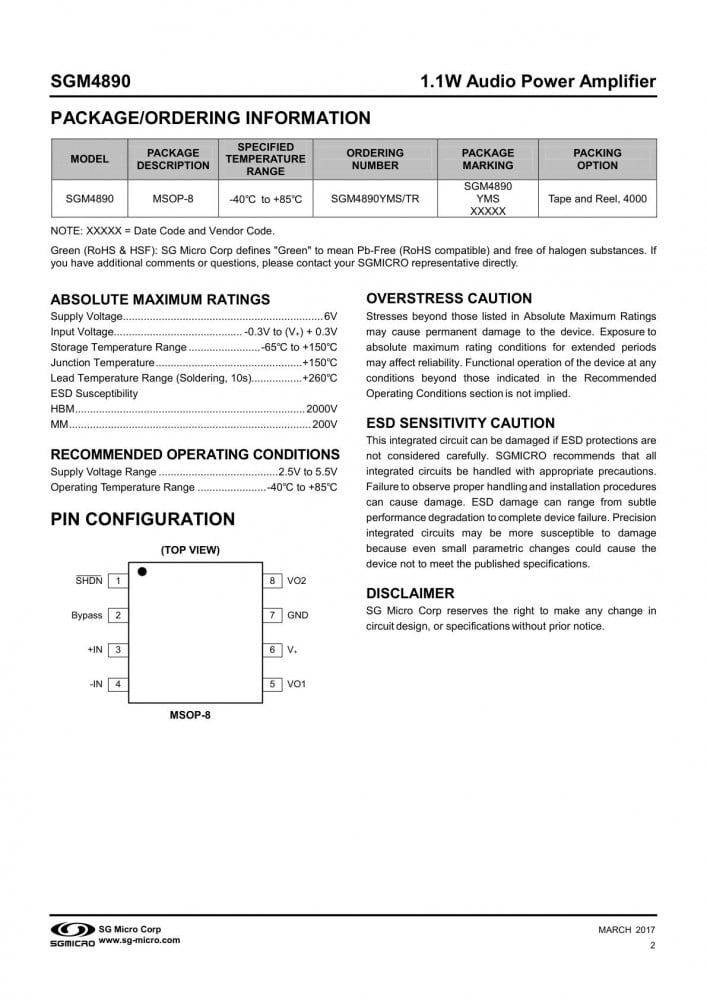 SGM4890 datasheet page 2