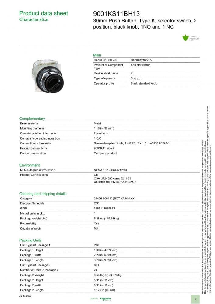 9001KS11BH13 technical document page 1