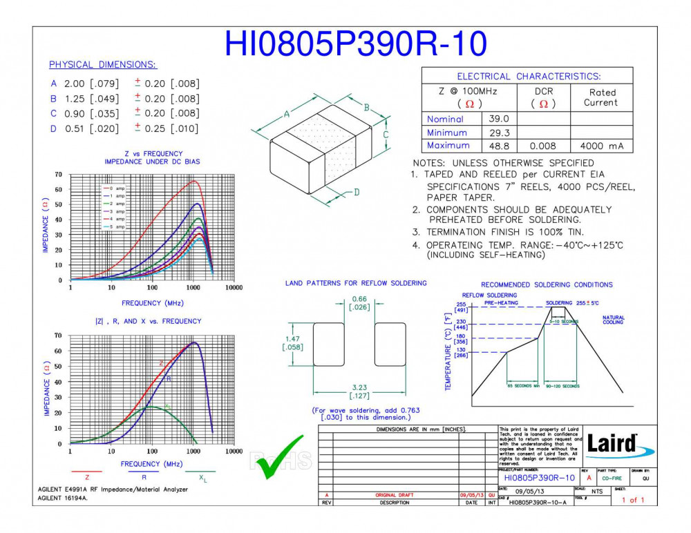 Laird HI0805P390R-10 technical drawing and electrical characteristics