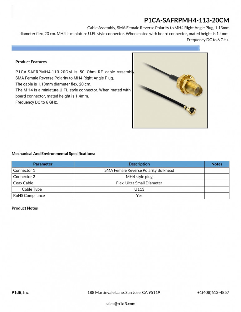 Product documentation image for P1CA-SAFRPMH4-113-20CM