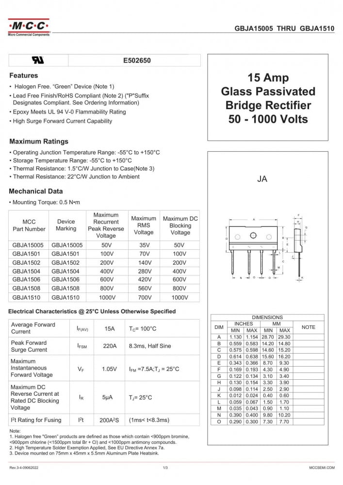 GBJA1508-BP datasheet page 1