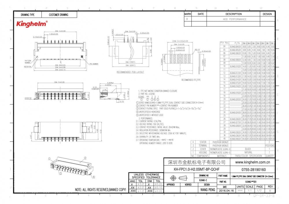 KH-FPC1.0-H2.0SMT-8P-QCHF technical drawing