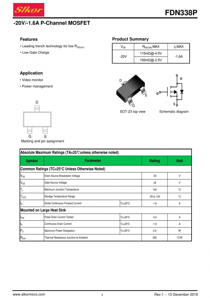 FDN338P datasheet page 1