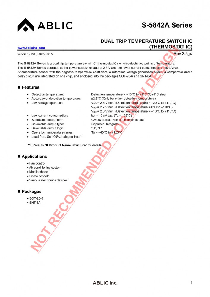 ABLIC S-5842A datasheet page 1