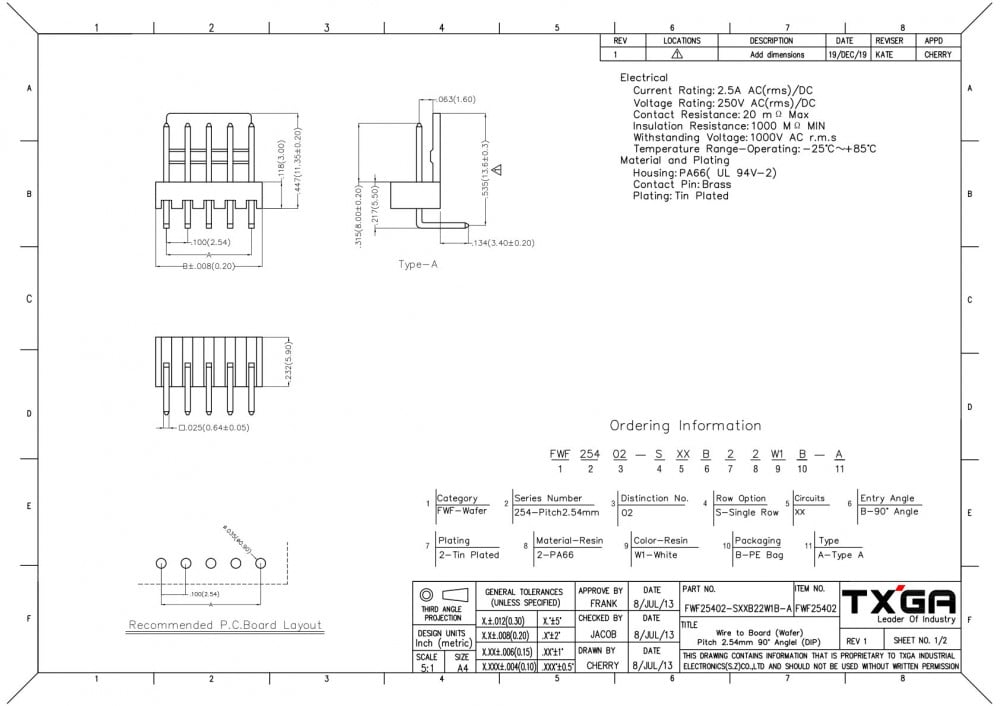 TXGA FWF25402-S06B22W5B-A technical document page 1