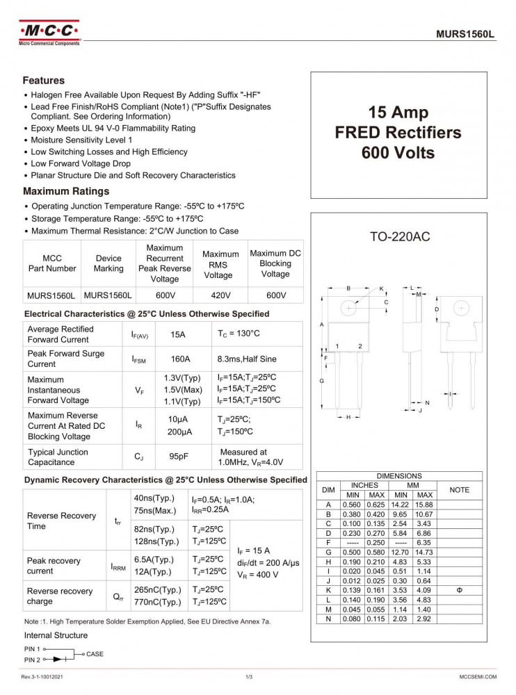 MURS1560L-BP datasheet page 1