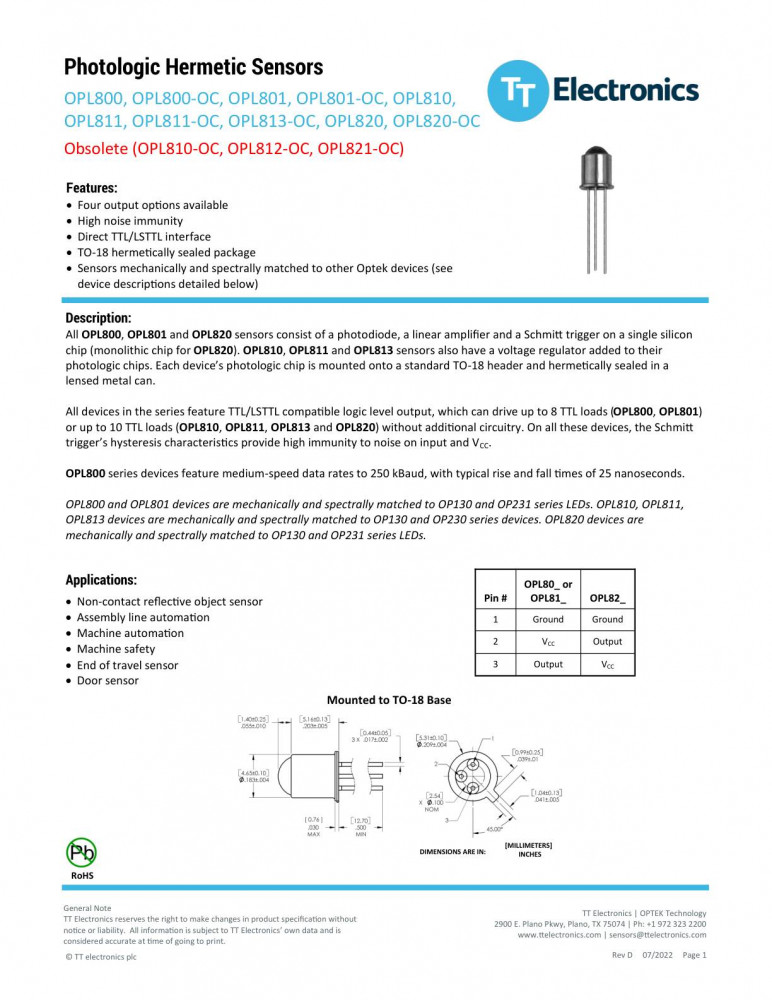 OPL801 datasheet page 1