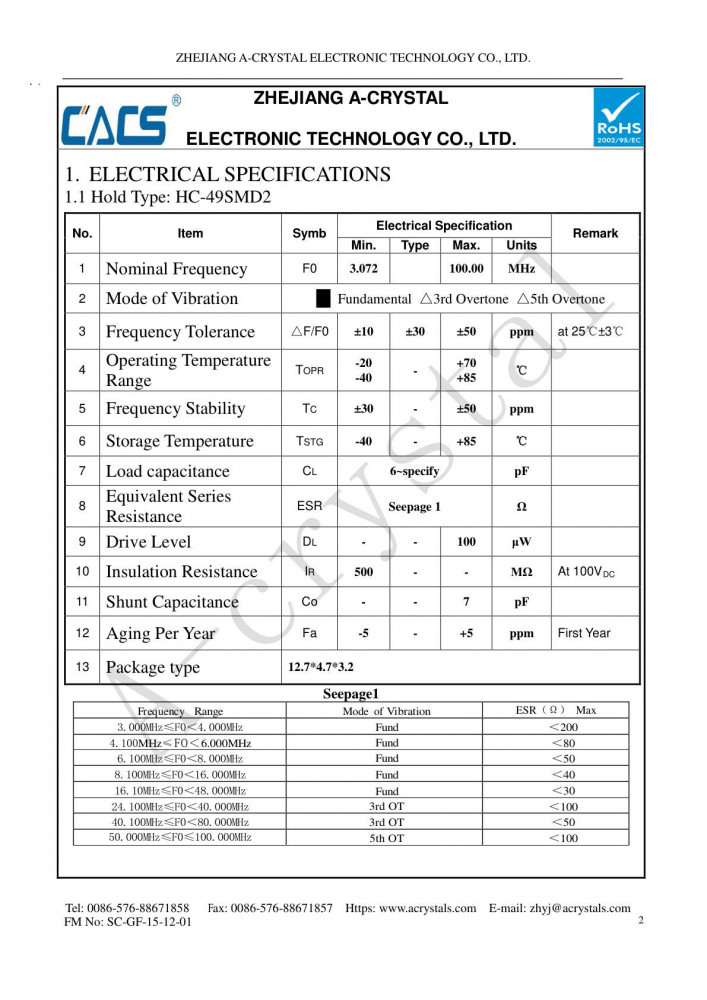 HC-49SMD2 crystal specification, page 2