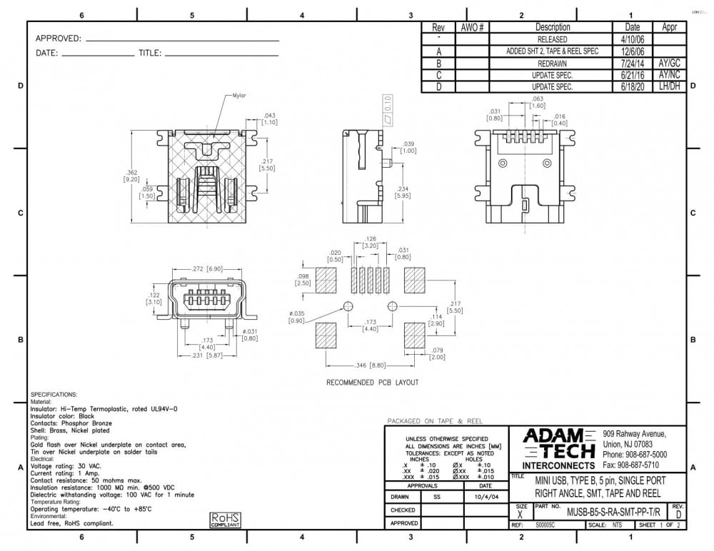ADAM TECH MUSB-B5-S-RA-SMT-PP-T/R technical drawing page 1