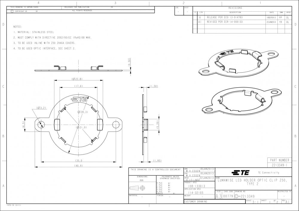TE Connectivity 2213349-1 technical drawing page 1