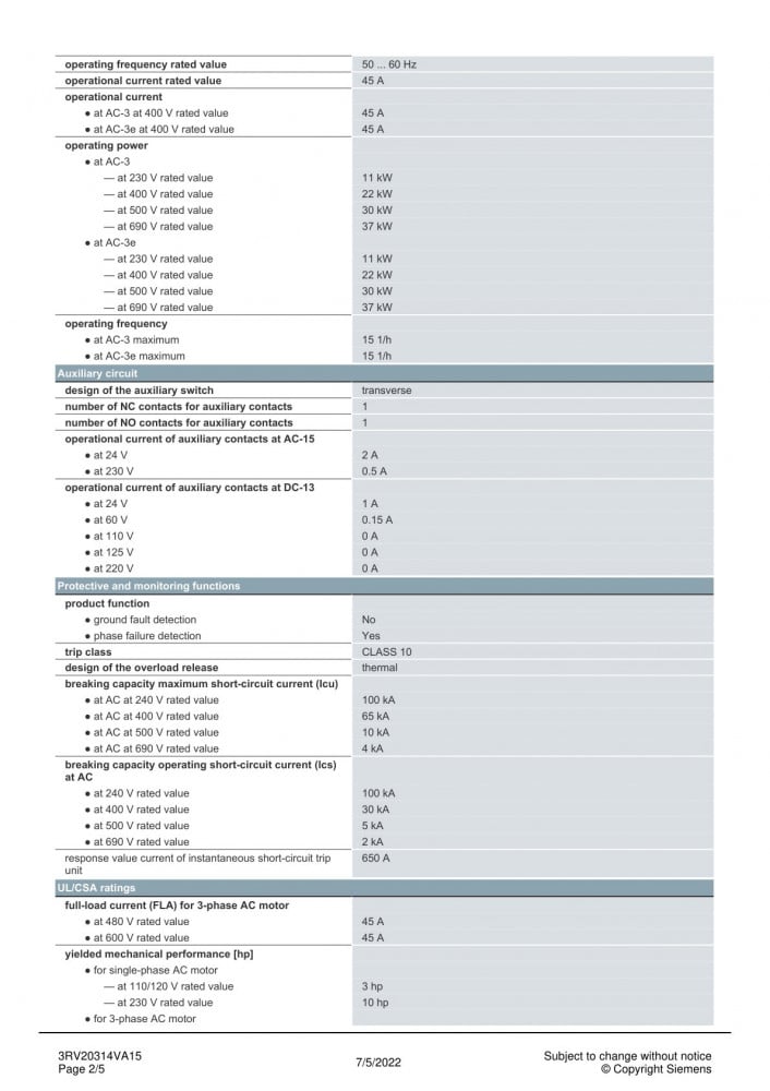 3RV20314VA15 datasheet page 2