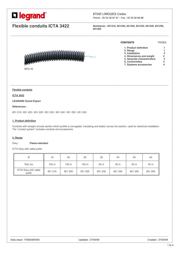 Legrand ICTA 3422 flexible conduit technical document, page 1