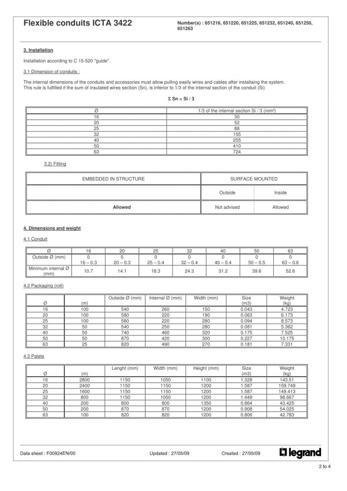 Legrand ICTA 3422 flexible conduit technical document, page 2