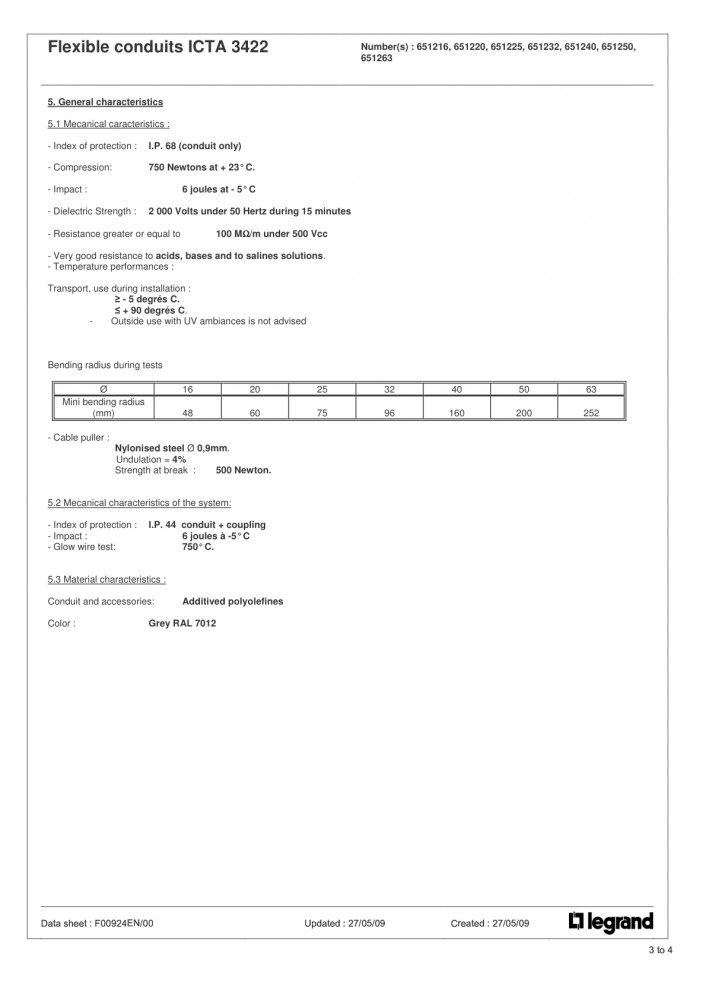 Legrand ICTA 3422 flexible conduit technical document, page 3