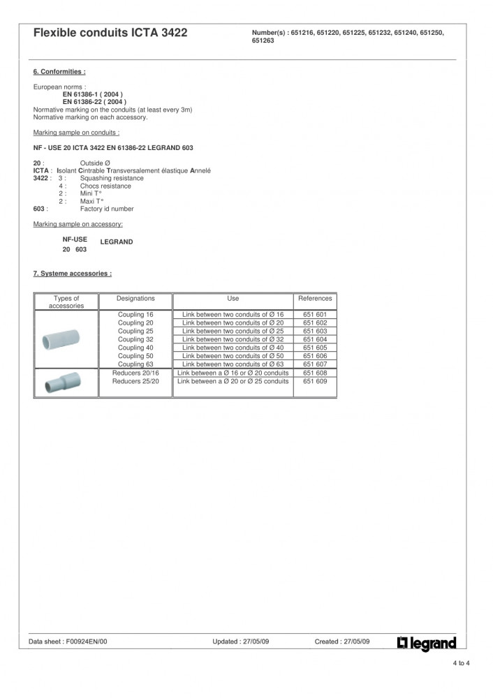 Legrand ICTA 3422 flexible conduit technical document, page 4