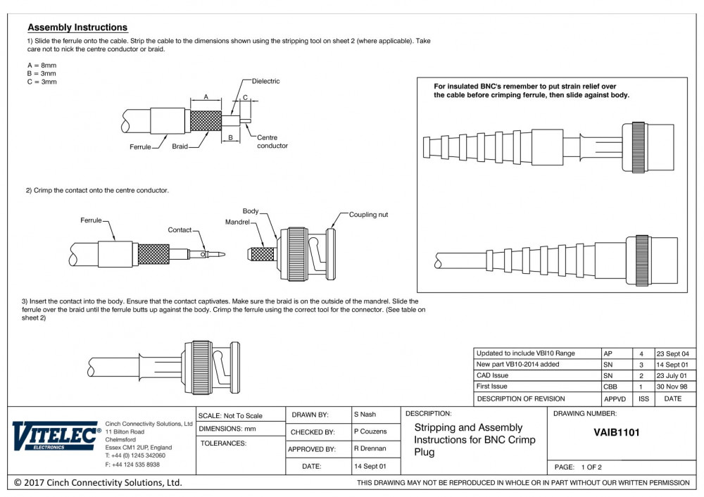 CINCH VAIB1101 BNC crimp plug assembly instructions page 1