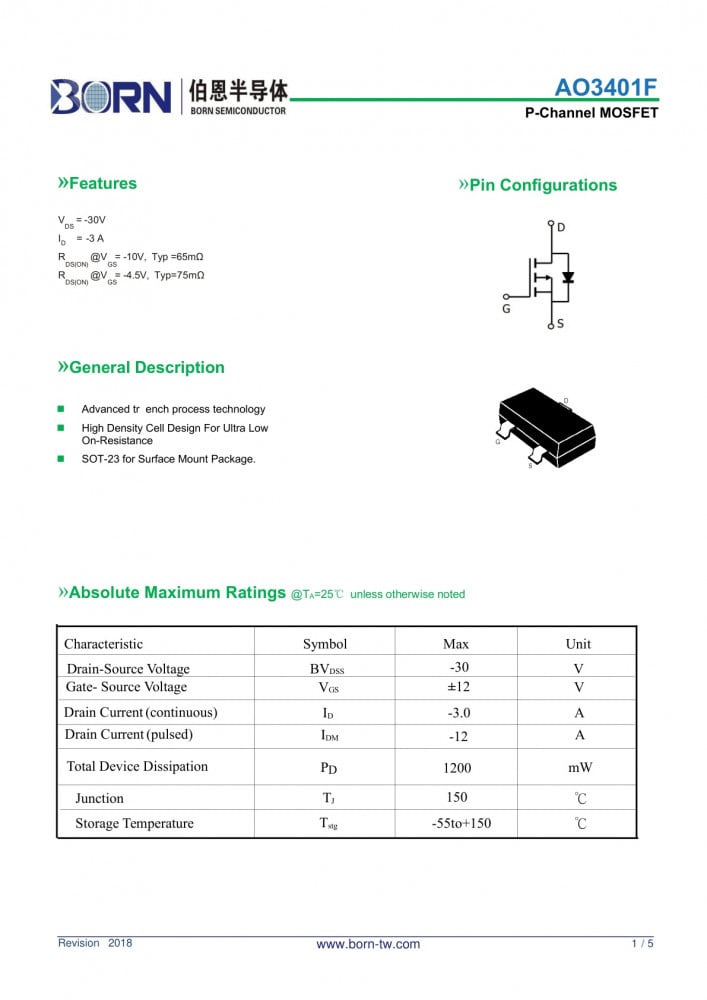 AO3401F datasheet page 1