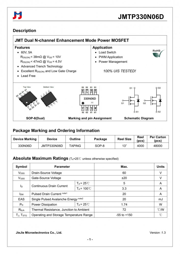 JMTP330N06D-13 datasheet page 1