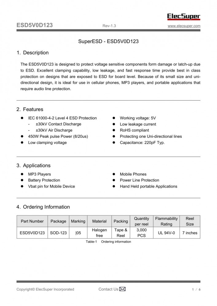 ESD5V0D123 datasheet page 1