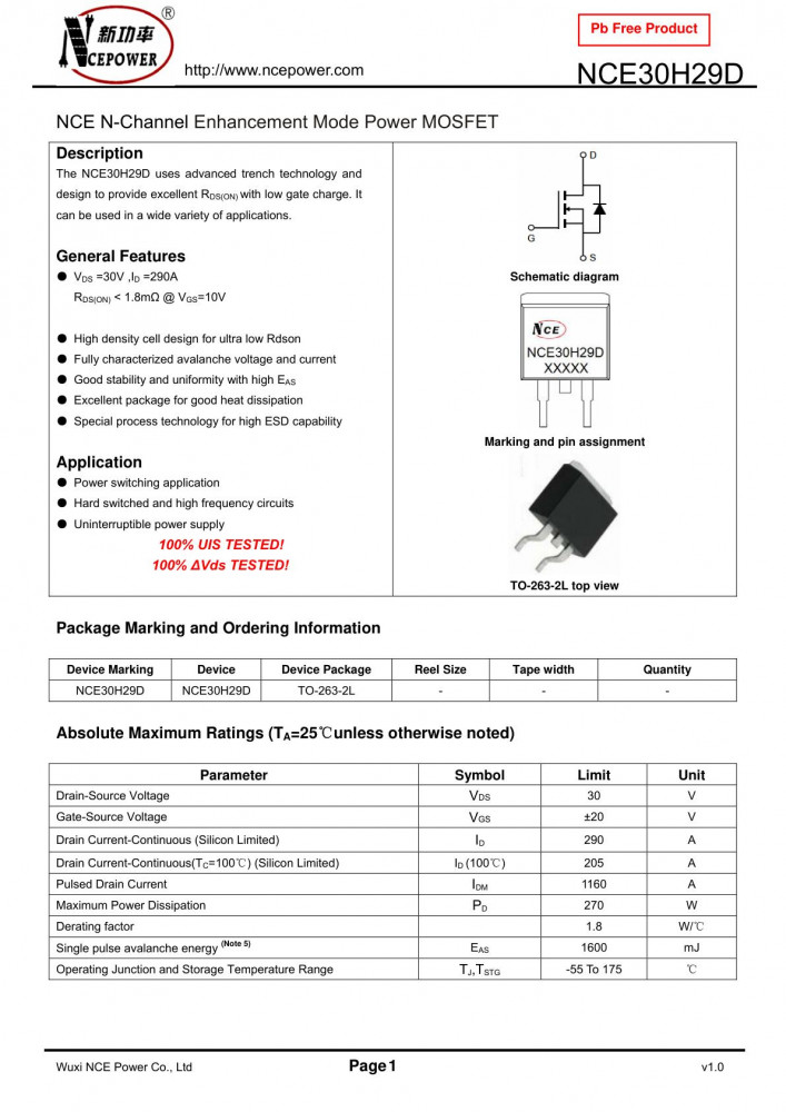NCE30H29D datasheet page 1