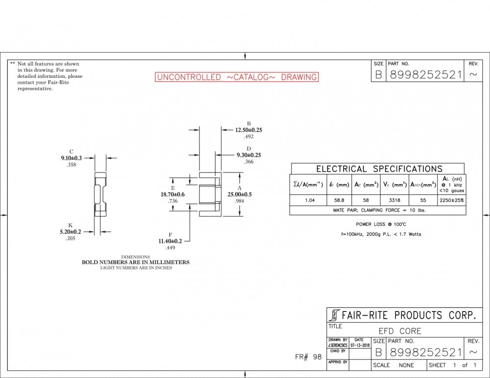 Fair-Rite 8998252521 EFD core drawing