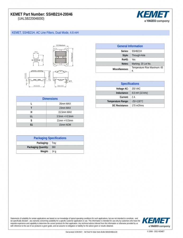 KEMET SSHB21H-20046 technical document