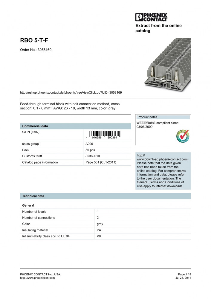 Phoenix Contact RBO 5-T-F 3058169 document page 1