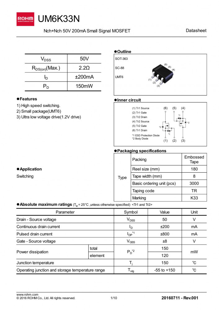 UM6K33NTN datasheet page 1