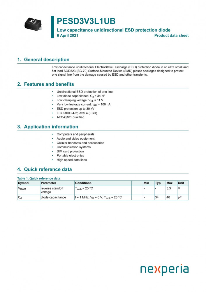 PESD3V3L1UB datasheet page 1