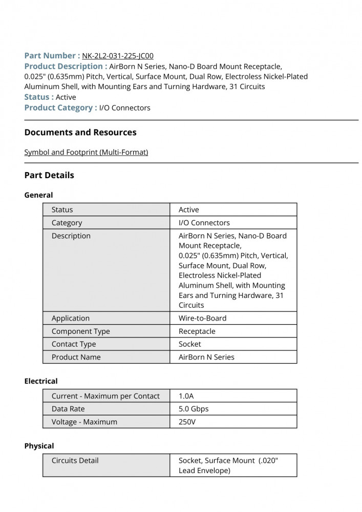 Product document page 1 for MOLEX NK-2L2-031-225-JC00