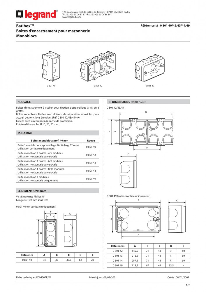 Legrand Batibox 0 801 40 technical document page 1