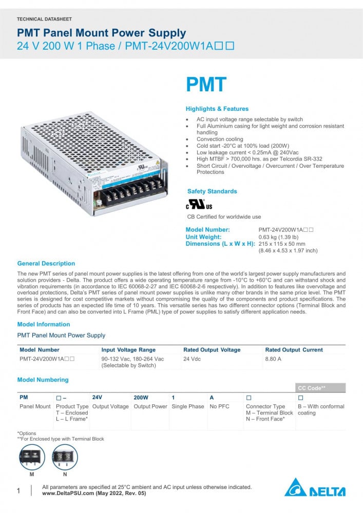 DELTA PMT-24V200W1AN datasheet page 1