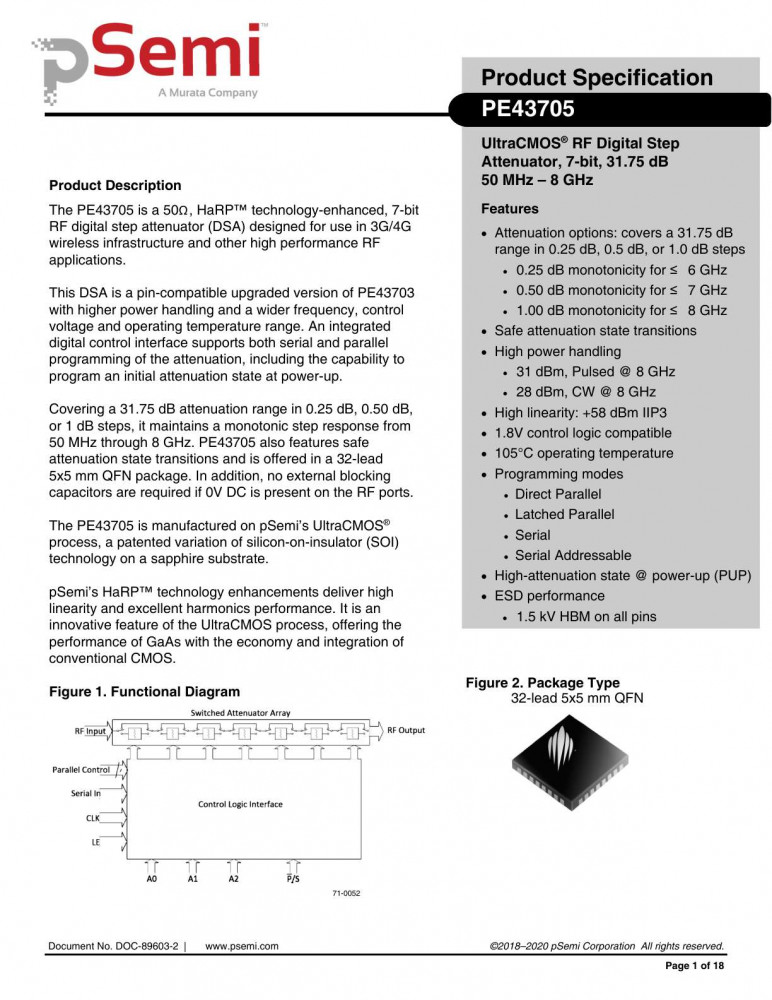 PE43705B-Z datasheet page 1