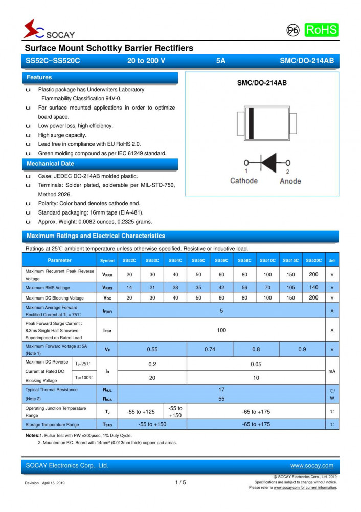SS54C datasheet page 1