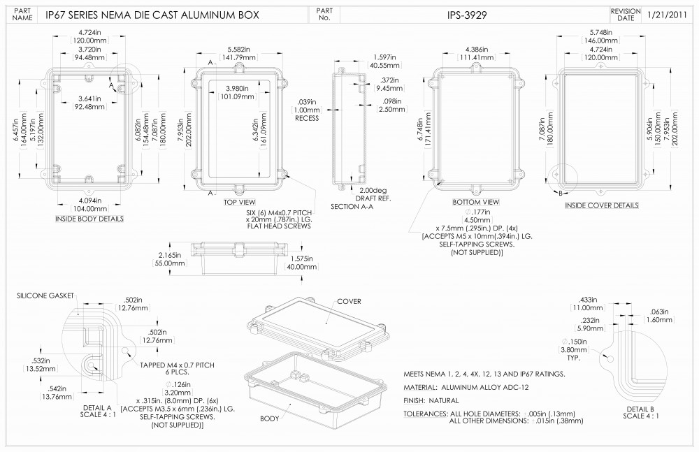 IPS-3929 Bud Industries enclosure drawing and product documentation