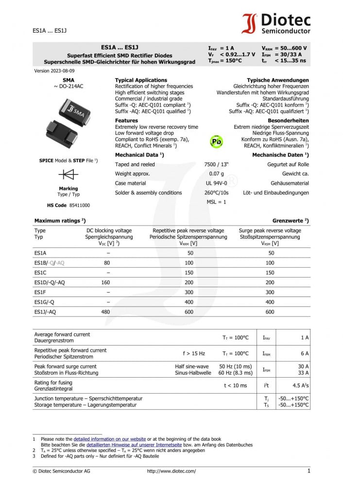 DIOTEC ES1J datasheet page 1