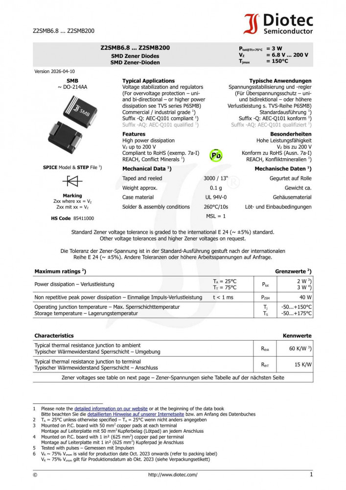 Z2SMB series datasheet page 1