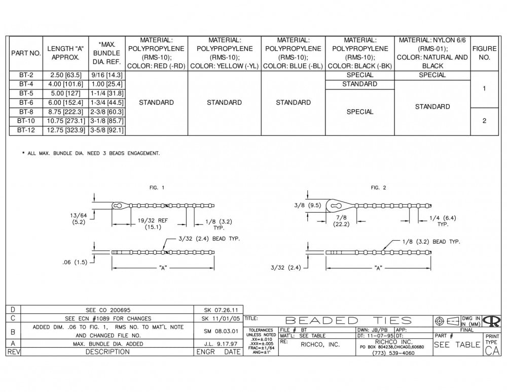 Essentra BT-12 beaded tie technical drawing page 1