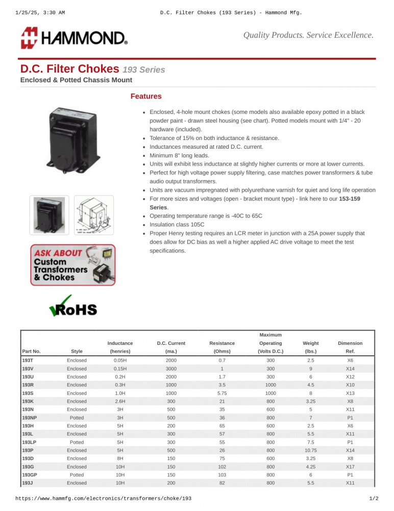 Hammond 193 Series technical document page 1