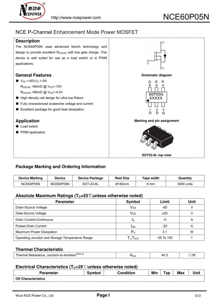 NCE60P05N datasheet page 1
