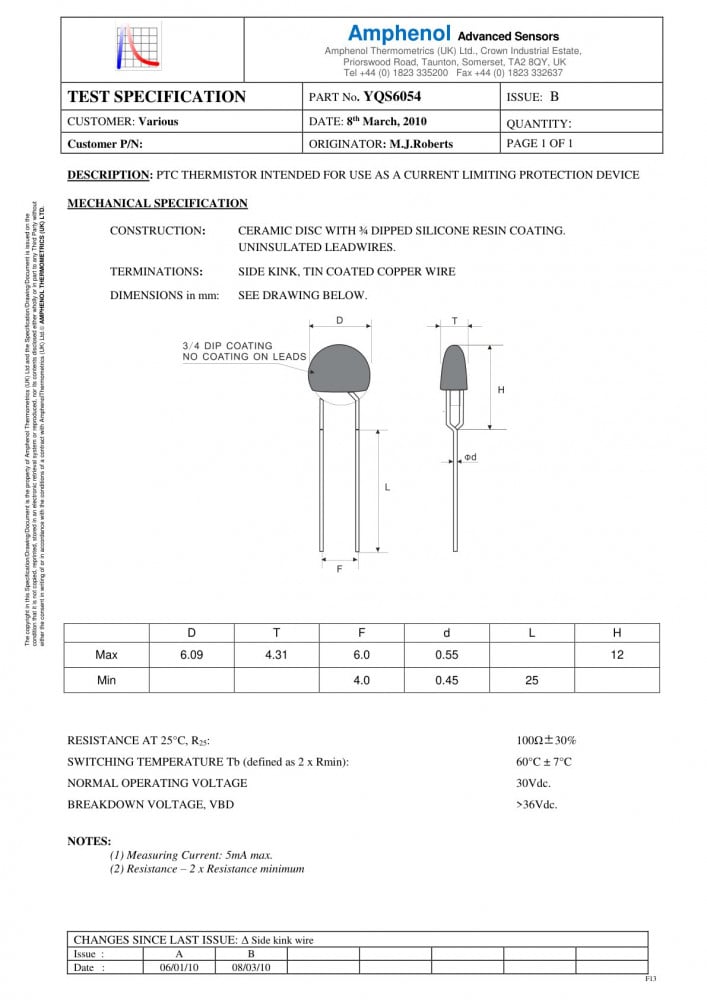 Amphenol YQS6054 test specification page